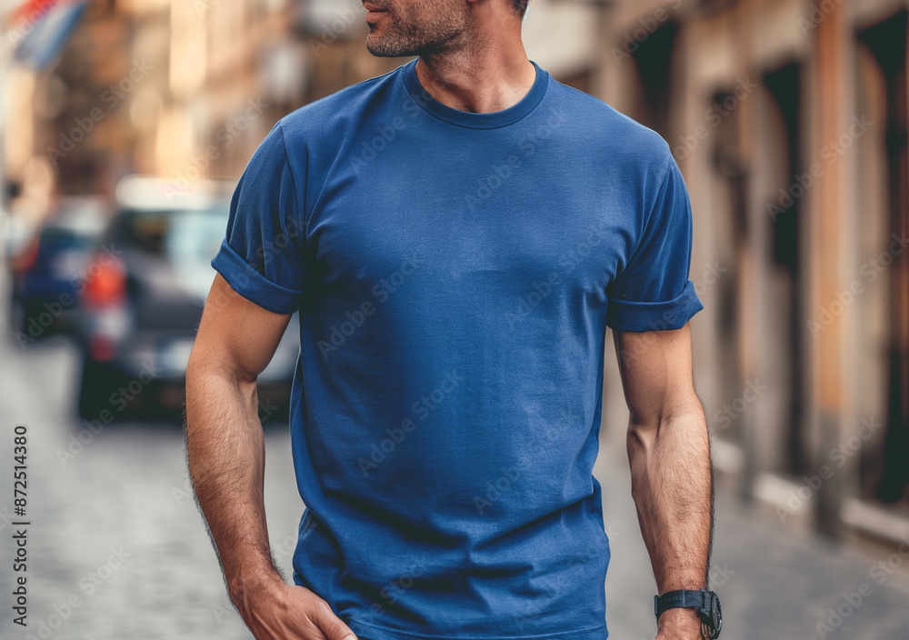 blue t-shirt mockup on male model, front and back view Stock ...