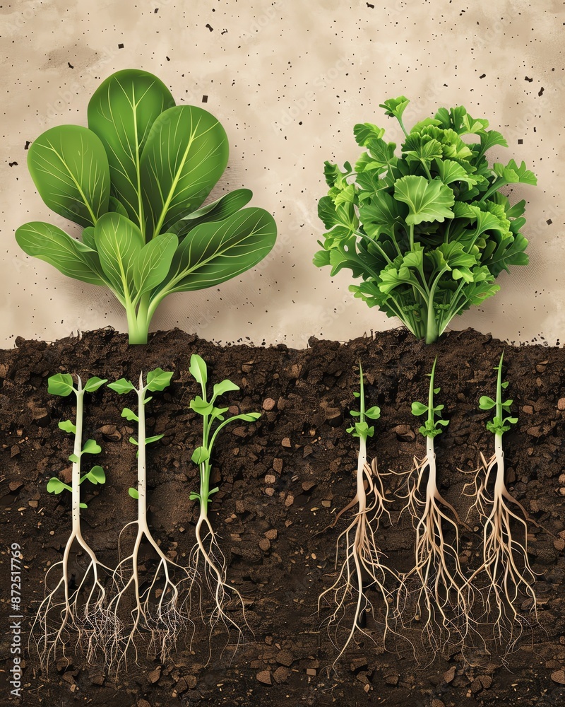 Healthy vegetable plants with visible roots and soil layers showing ...