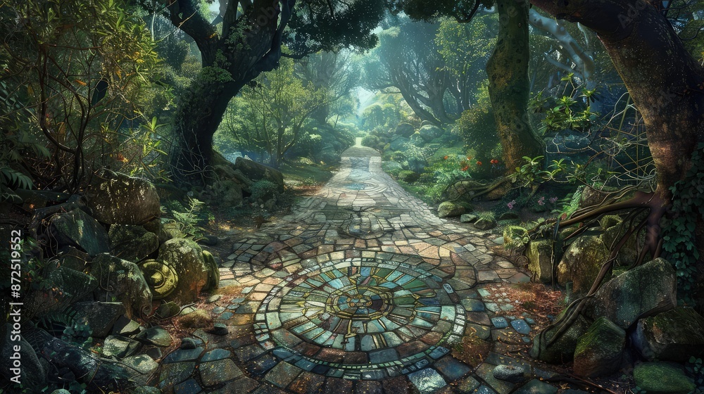 In a dense, ancient forest, a crossroads paved with stained glass tells ...