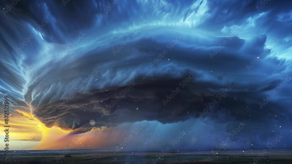 supercell storm clouds with shelf cloud and intense rain in extreme ...