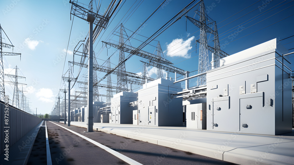 View of a High Voltage Electrical Substation Showing Complex Network of ...