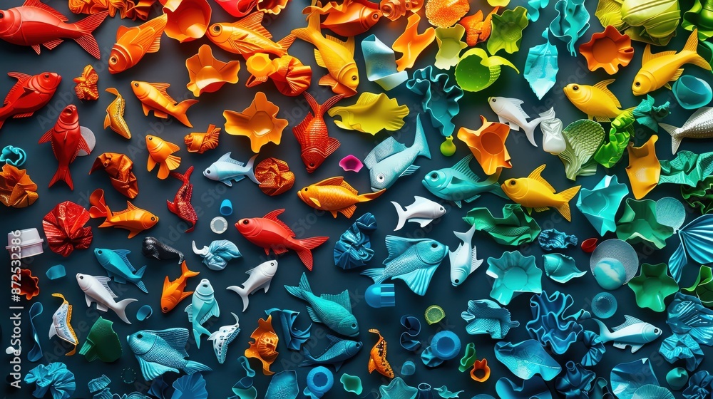 A vibrant collection of plastic ocean debris and marine life shapes ...