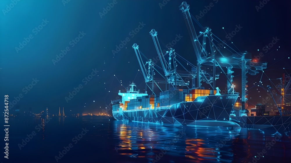 Trade port wireframe banner template with few polygons. Dark blue ...