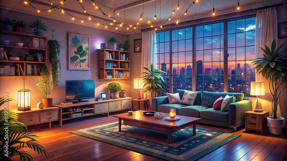 Cozy lo-fi living room at night with anime-inspired decorations, soft ...