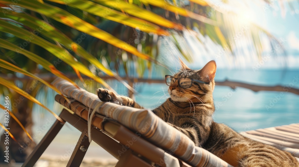 A cat with glasses is lying on a chaise longue under a palm tree on the ...