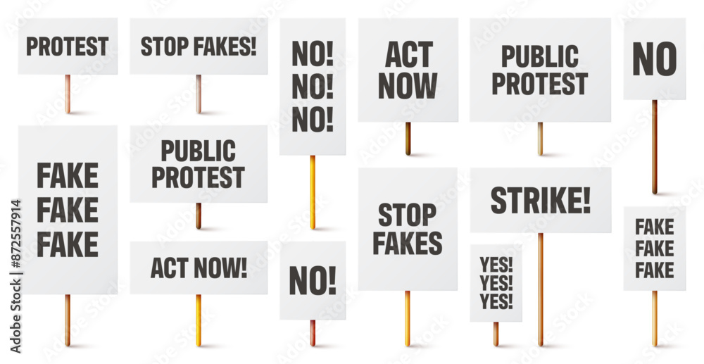 Blank white protest signs with text slogans on wooden holder. Various ...