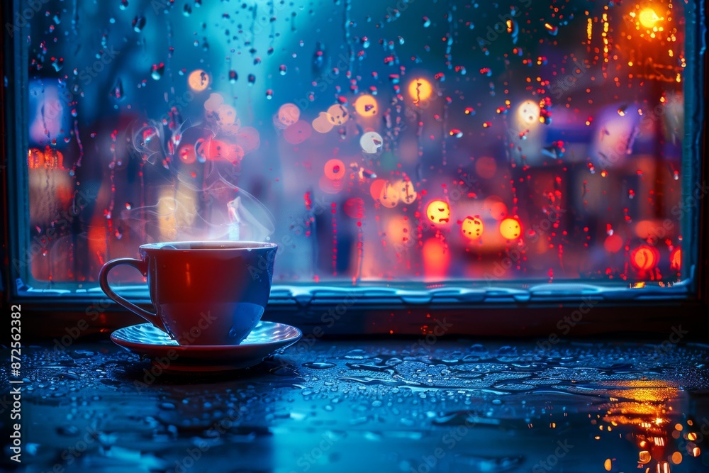 anime illustration of A steaming cup of coffee sitting on a window sill ...