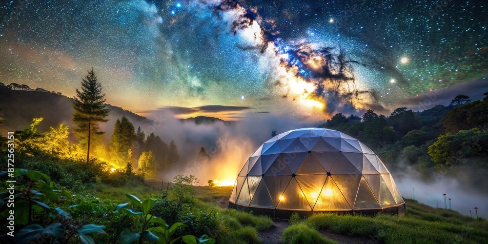 Ethereal glow emanates from a futuristic transparent dome tent ...
