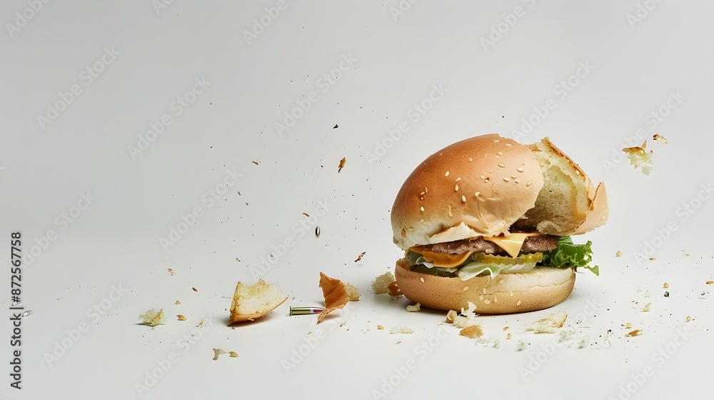 The remnants of a hamburger its bun and fillings fragmented and ...