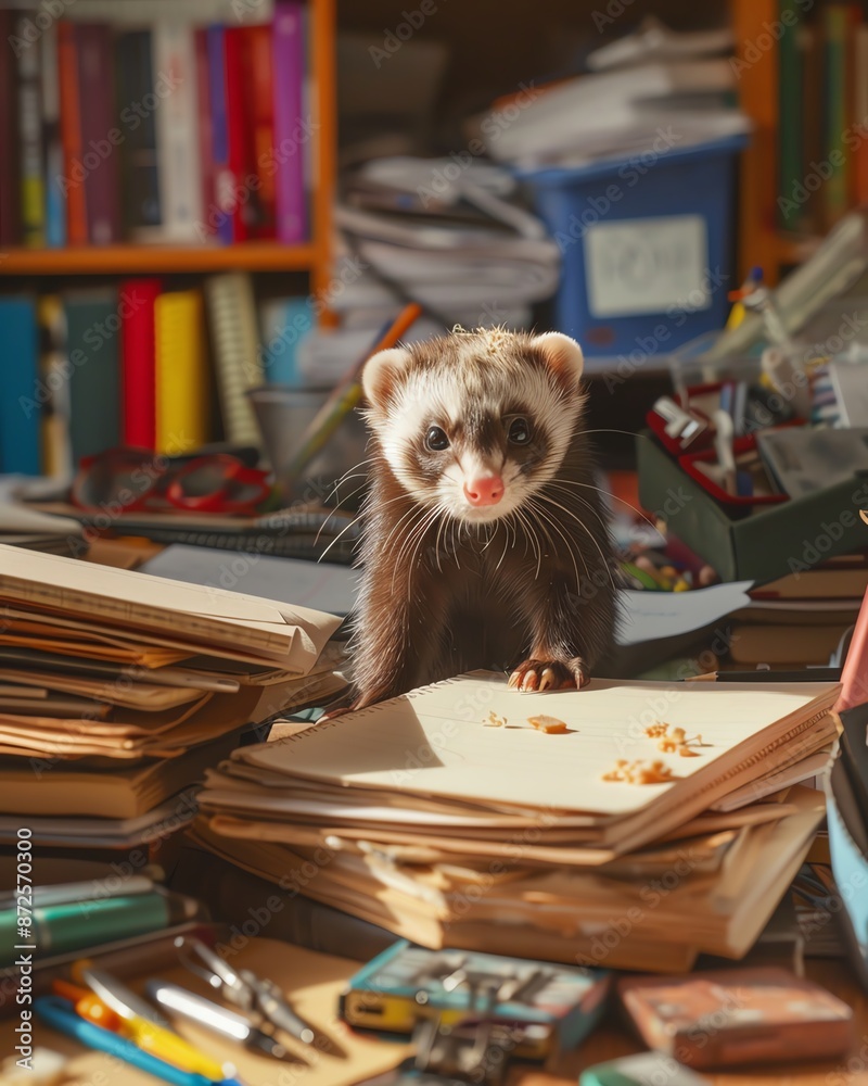 Cute ferret exploring a cluttered office desk with papers and ...