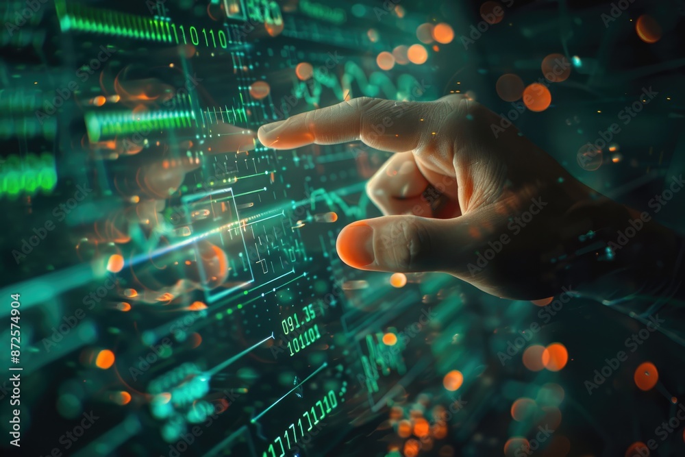 Hand touching a high-tech display with stock market charts and binary code, symbolizing digital ...