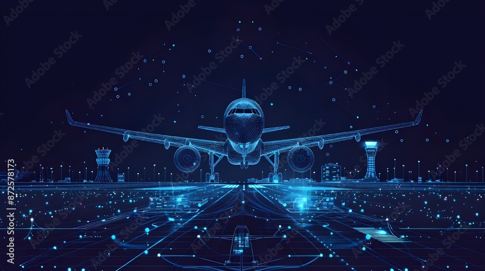 A digital aircraft is seen on the runway, surrounded by airport ...