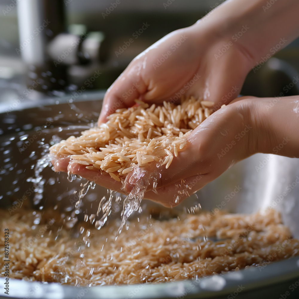 We rinse brown rice with our hands under running water, paying ...