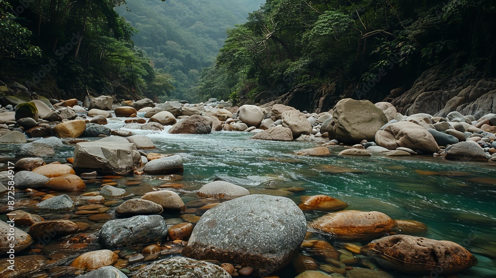 Smooth stones scattered along a riverbed in Taroko National Park ...
