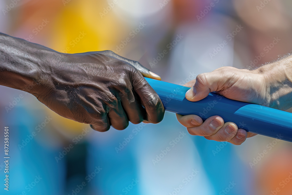 Passing the Relay Baton. Close-up of two hands passing the baton in a ...