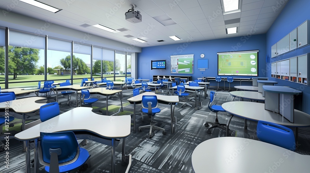 High-tech classroom design with modular desks, smart technology, and collaborative spaces Stock ...
