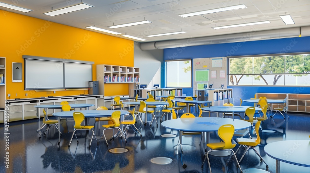 High-tech classroom design with modular desks, smart technology, and ...