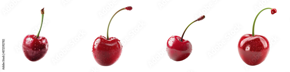 Four ripe red cherries with green stems lined up in a row, isolated on ...