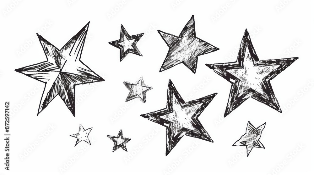 Hand-drawn stars in different sizes and shapes on a white background ...