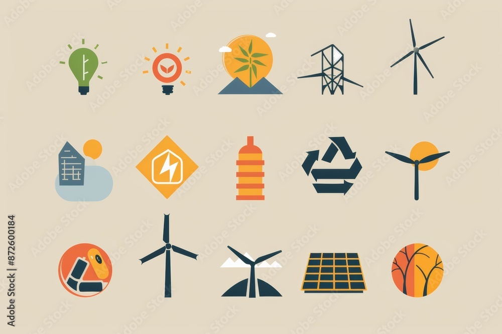Create clear concise icons illustrating types of renewable energy ...
