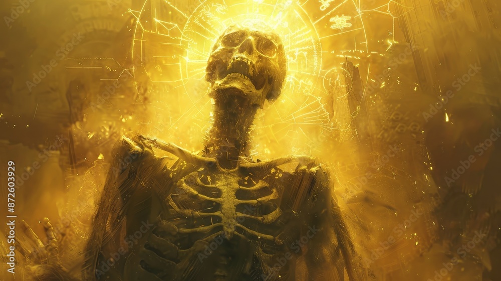 Divine skeleton rising from an ancient tomb, enveloped in ghostly mist ...