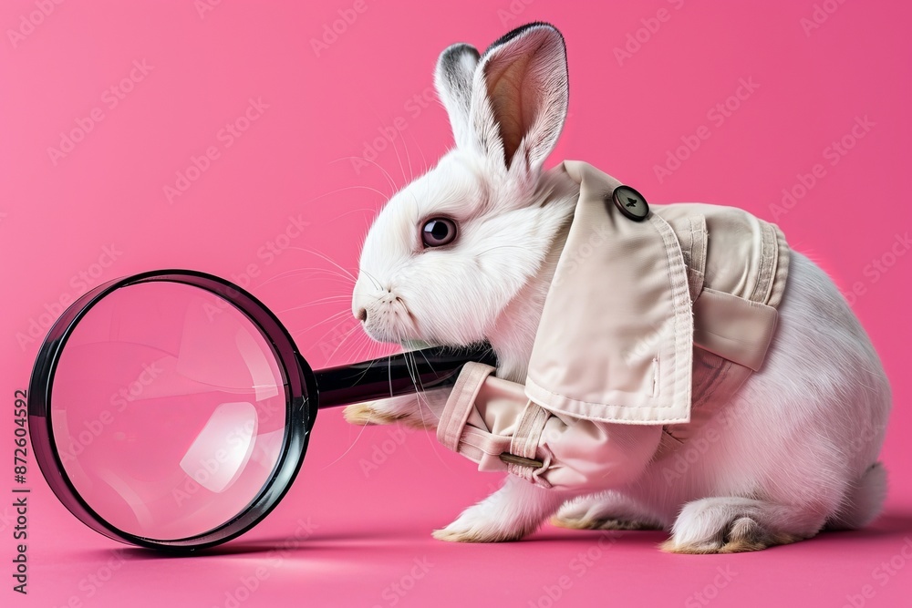 Inquisitive rabbit in trench coat exploring with magnifying glass on ...