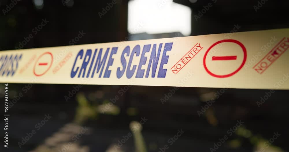 Crime, scene and ribbon with tape for police crossing, investigation or ...