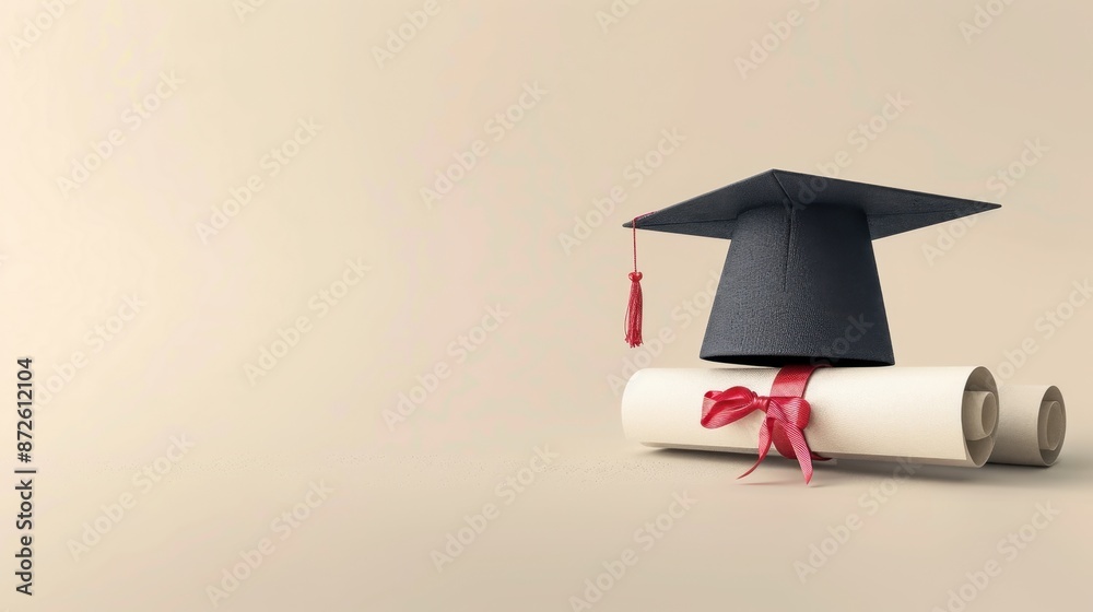 Graduation scene with a simple cap and diploma, against a plain ...