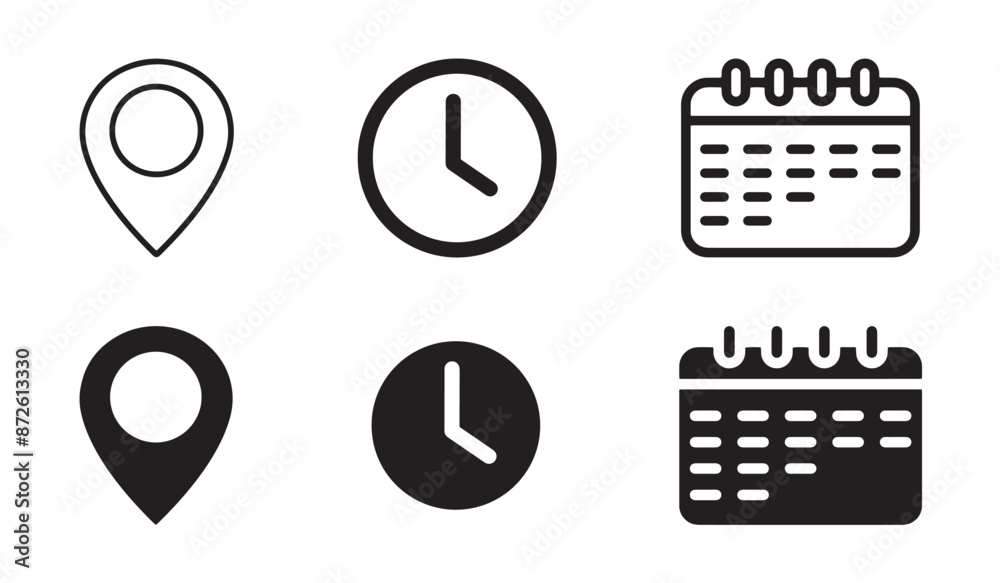 Address, time, and date icon vector. Stopwatch timer icon. Clock, pin map location, and calendar ...
