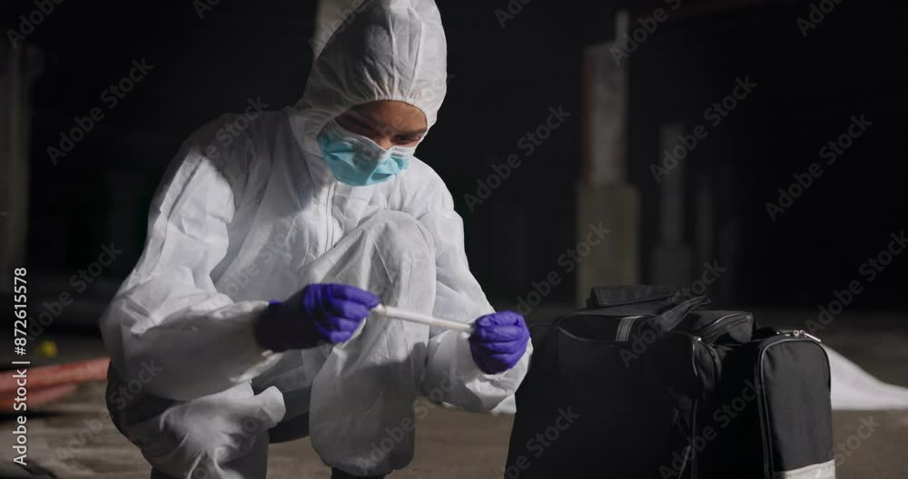 Swab, crime scene and person with evidence for investigation ...