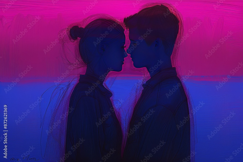 Silhouettes of a couple kissing with a colorful neon background ...