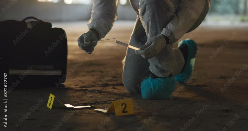 Sample, crime scene and person with forensic evidence for investigation ...