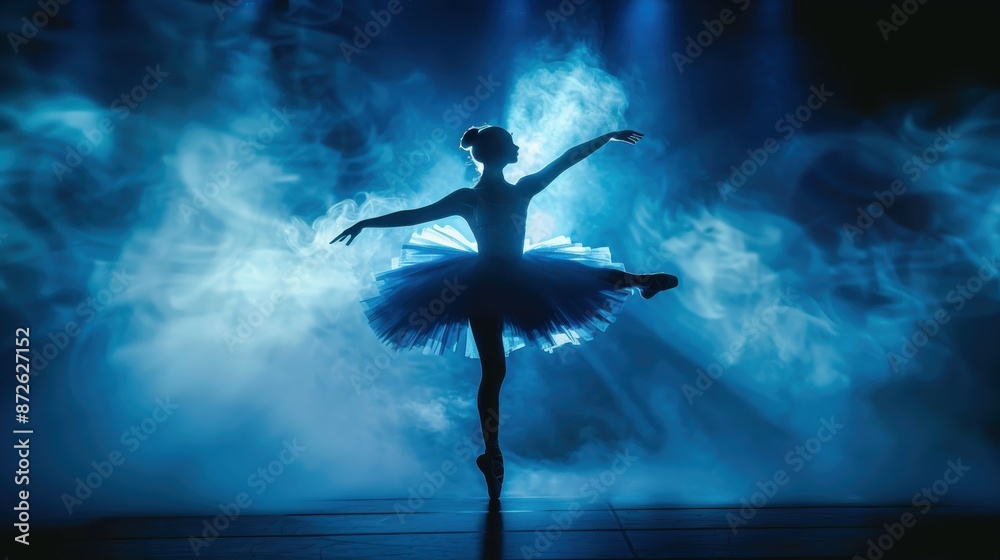 Ballerina in tutu dress dancing on stage with magi light and smoke ...