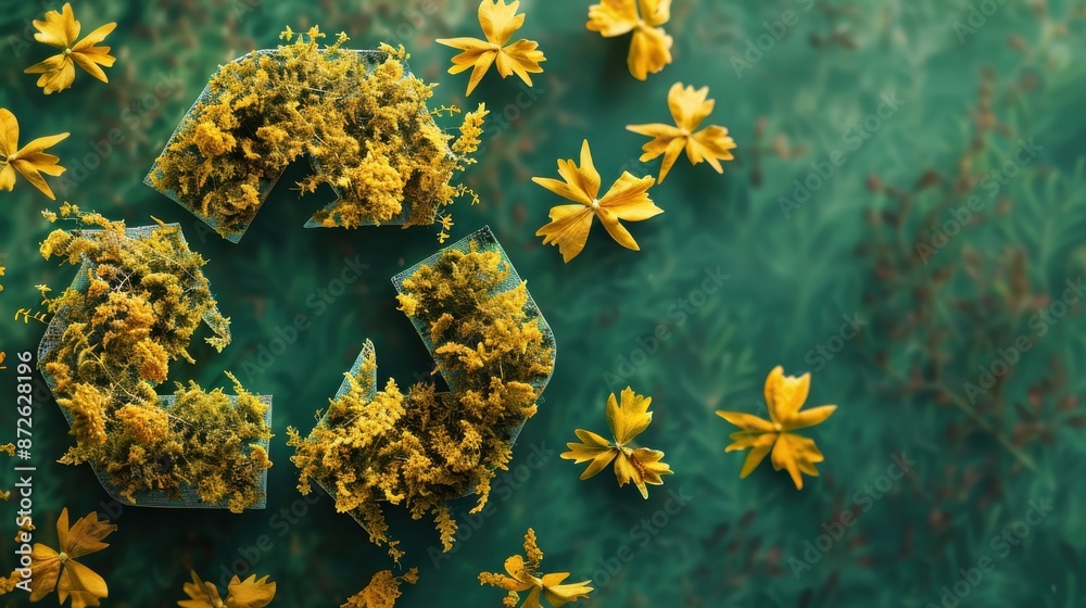 Recycle sign covered with yellow plants against green background, save ...