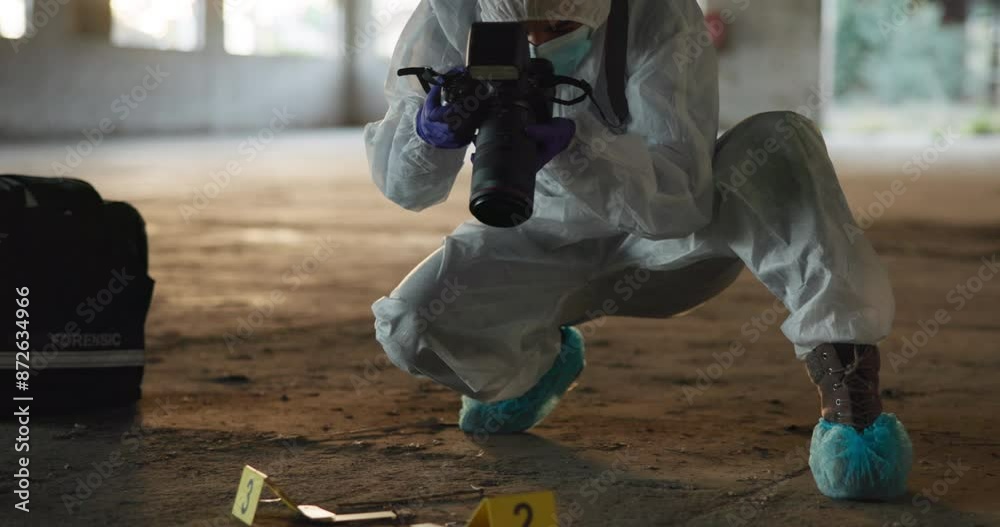 Forensic photographer, crime scene and person with evidence for ...