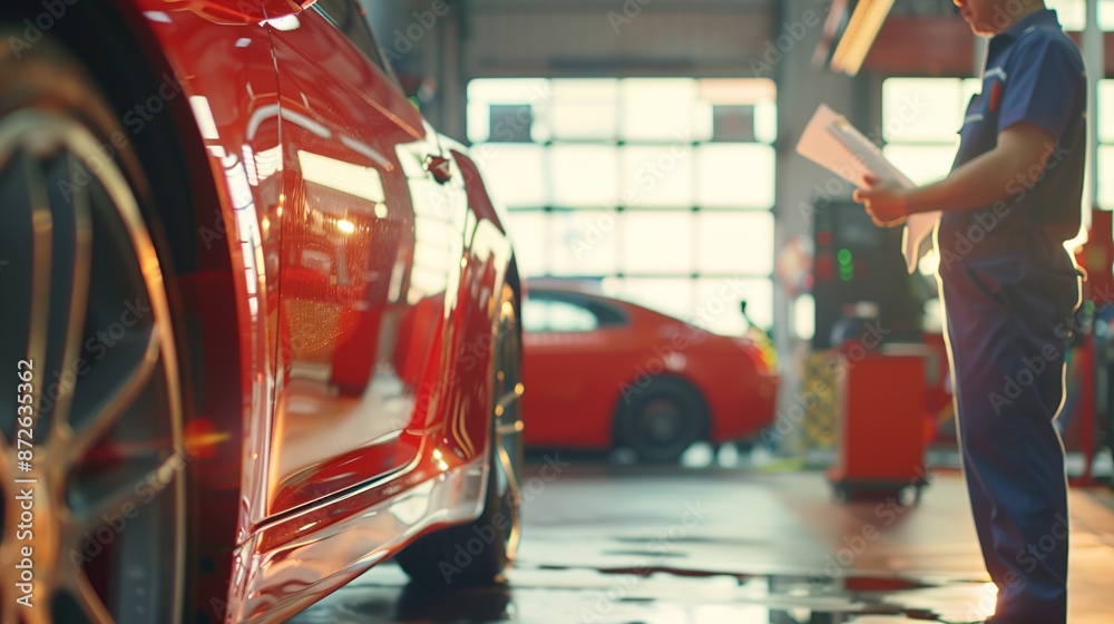 Mechanic show the car checking list for customer with blur his ...