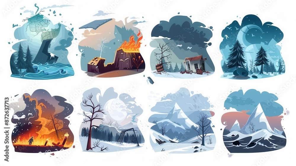 Cartoon illustrations of natural disasters like hurricanes, fires ...