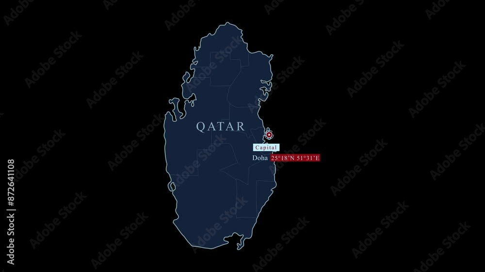 Blue Qatar map with Doha capital city and geographic coordinates on ...