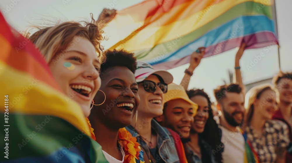 Group of young activist for lgbt rights with rainbow flag, diverse ...