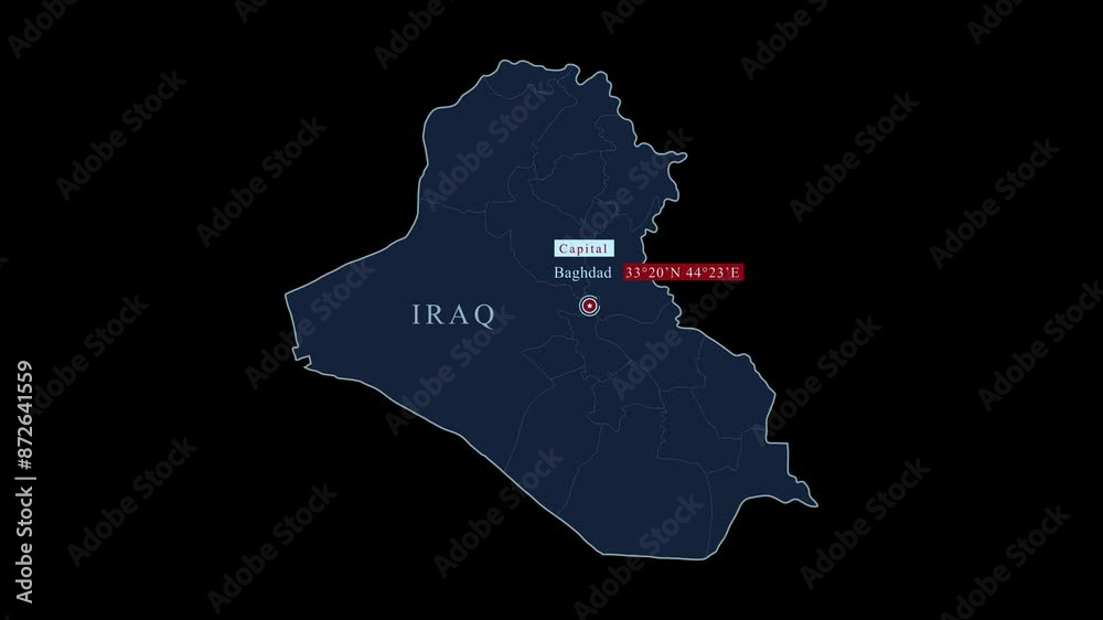 Blue Iraq map with Baghdad capital city and geographic coordinates on ...