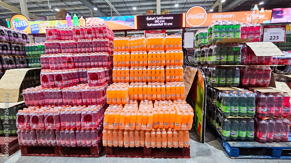 Plastic bottles display of Soft drinks on display piled in multiple ...
