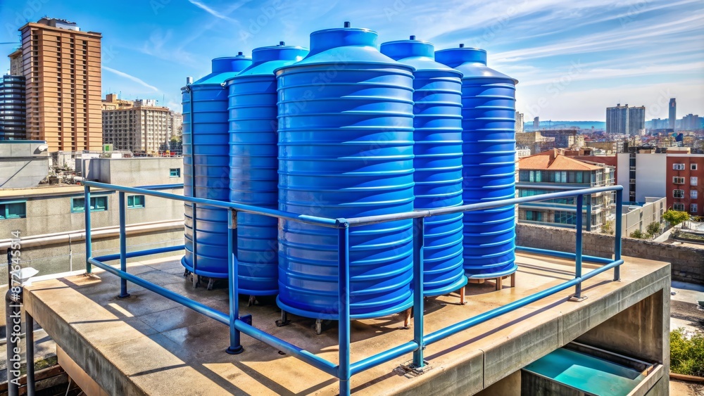 Large blue plastic water tank connected to pipes on rooftop, serving as ...