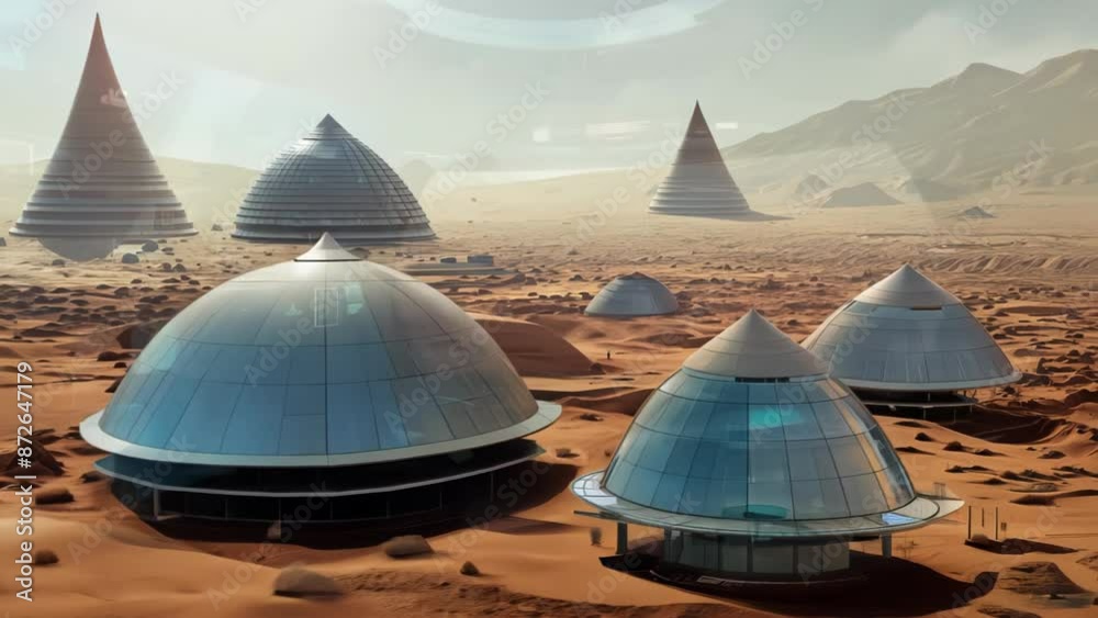 Sleek domes and pyramids rise from an arid desert landscape. Futuristic ...