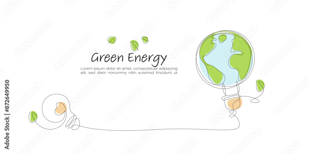 Light Bulb and Green Earth. Continuous line art drawing. Sustainable of ...