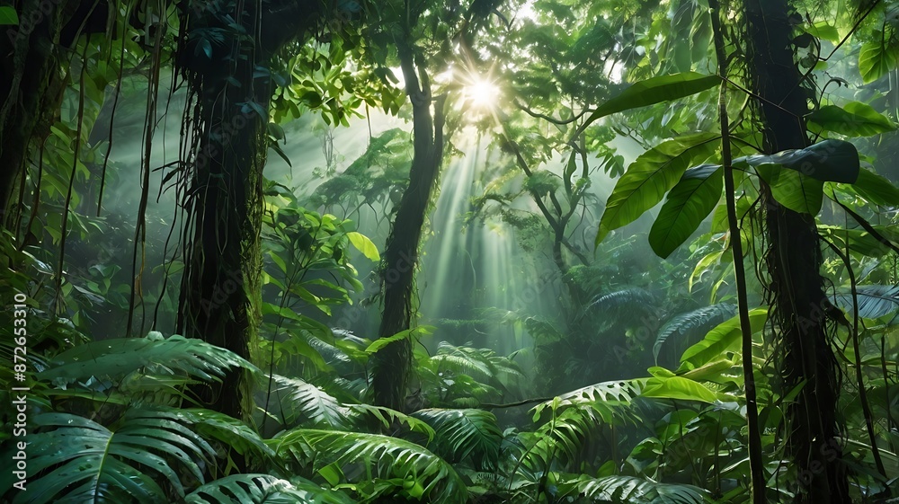 Green rainforest canopy with beams of sunlight piercing through the ...