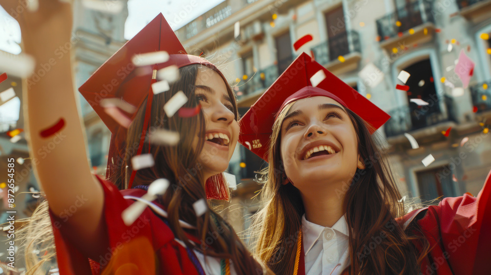Two schoolgirls in red graduation dresses and graduation hats throw ...