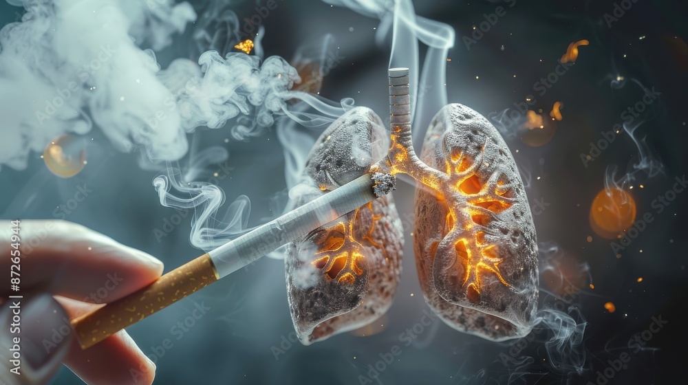 Smoker hand holding a smoking cigarette next to lungs full of smoke ...