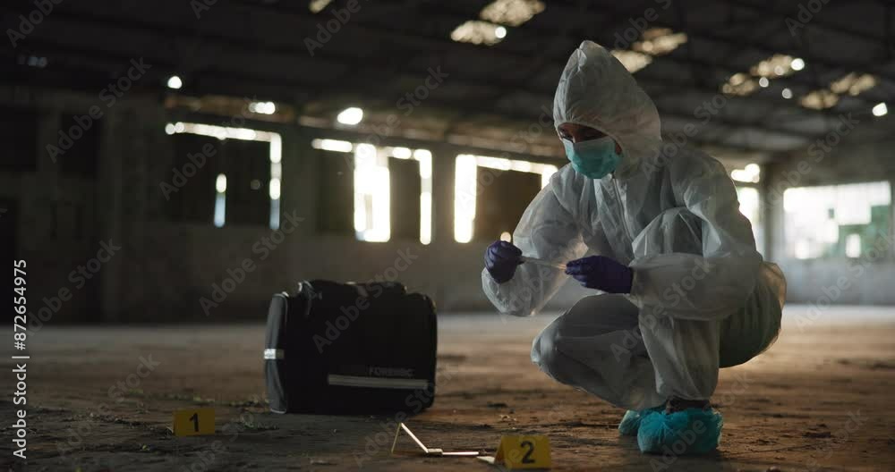 Swab, crime scene and person with evidence for investigation ...