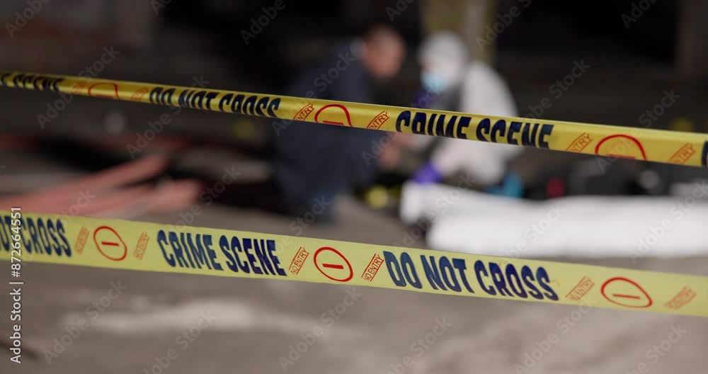 Crime, scene and ribbon with police tape for murder, investigation or ...