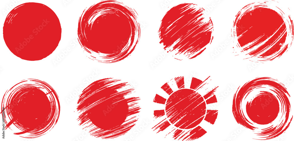 Vetor de Brush red stroke circle japan sun frame. Hand drawn rough scribble texture effect red ...